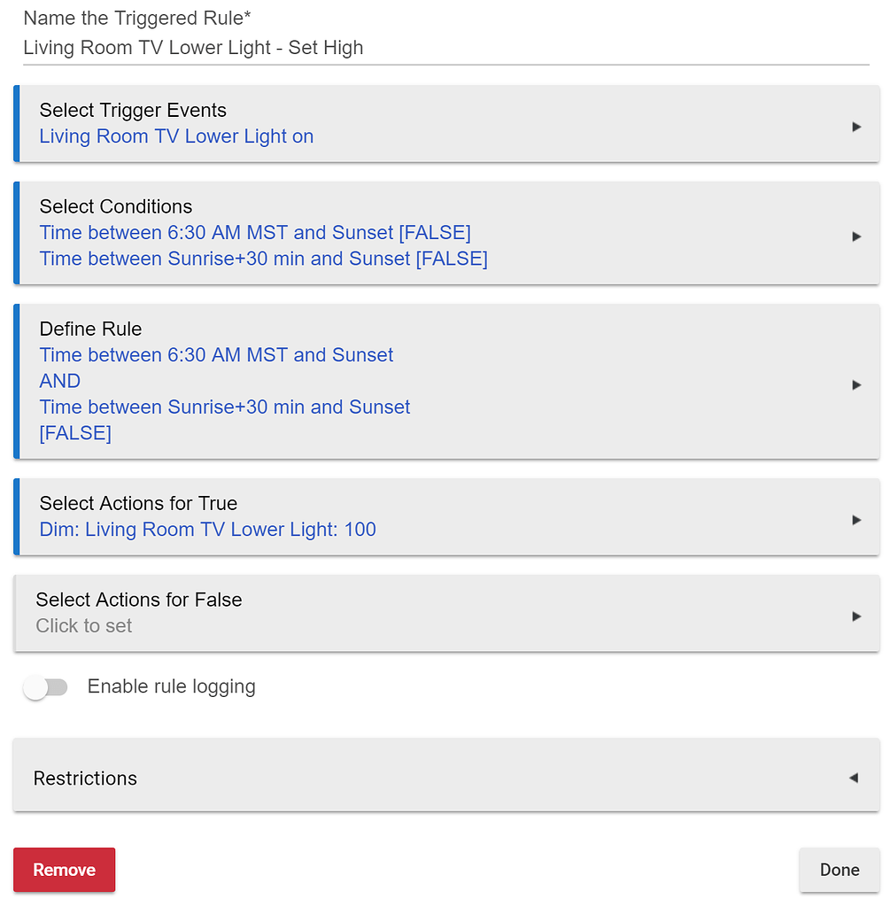 RM Example: Lights that fade down at sunset, fade up at sunrise, with manual override - Rules ...