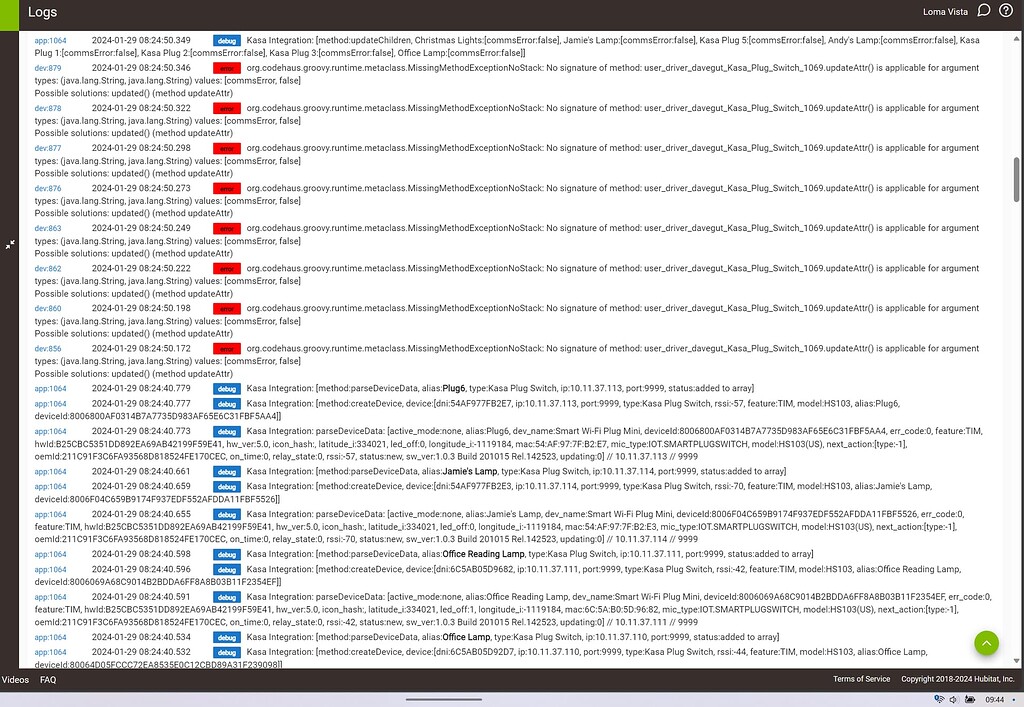 KASA Integration - suddenly seeing errors in logs but everything works - 🧰 Built-In Apps and ...