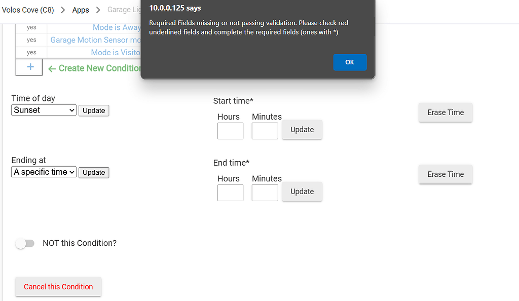 Time Condition Error Apps Hubitat