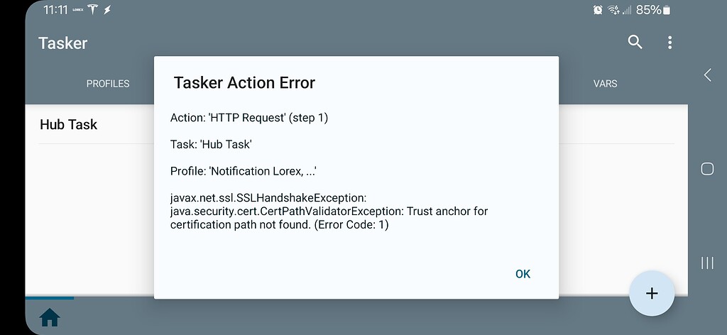 Lorex camera 3rd Party Notification on Android using Tasker Local end point error ...