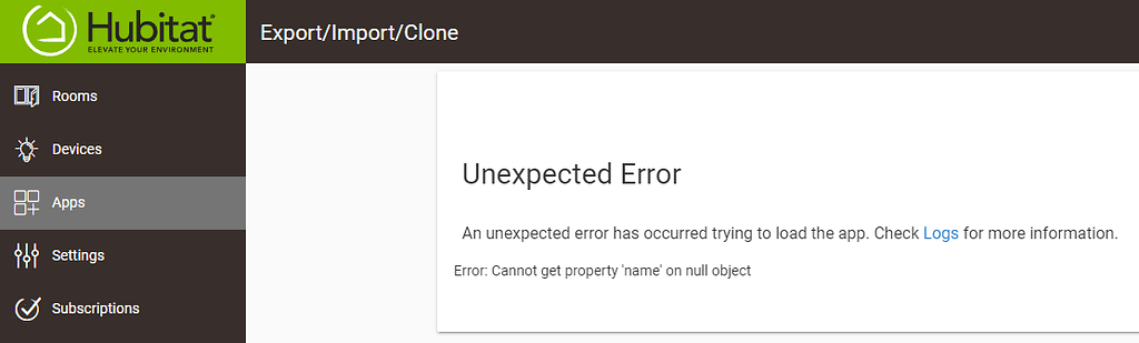 Settings -> "Restore Apps" throws error - 🛎️ Get Help - Hubitat