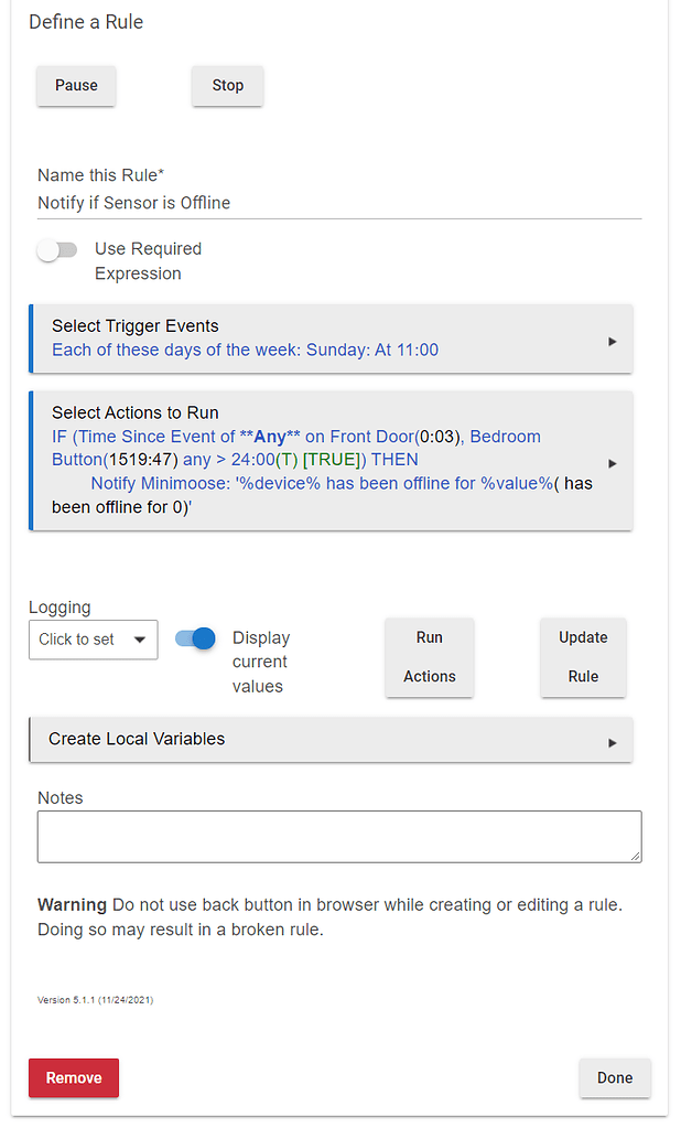 Need help to notify if device has been offline after set time has passed - 📐 Rule Machine® - Hubitat