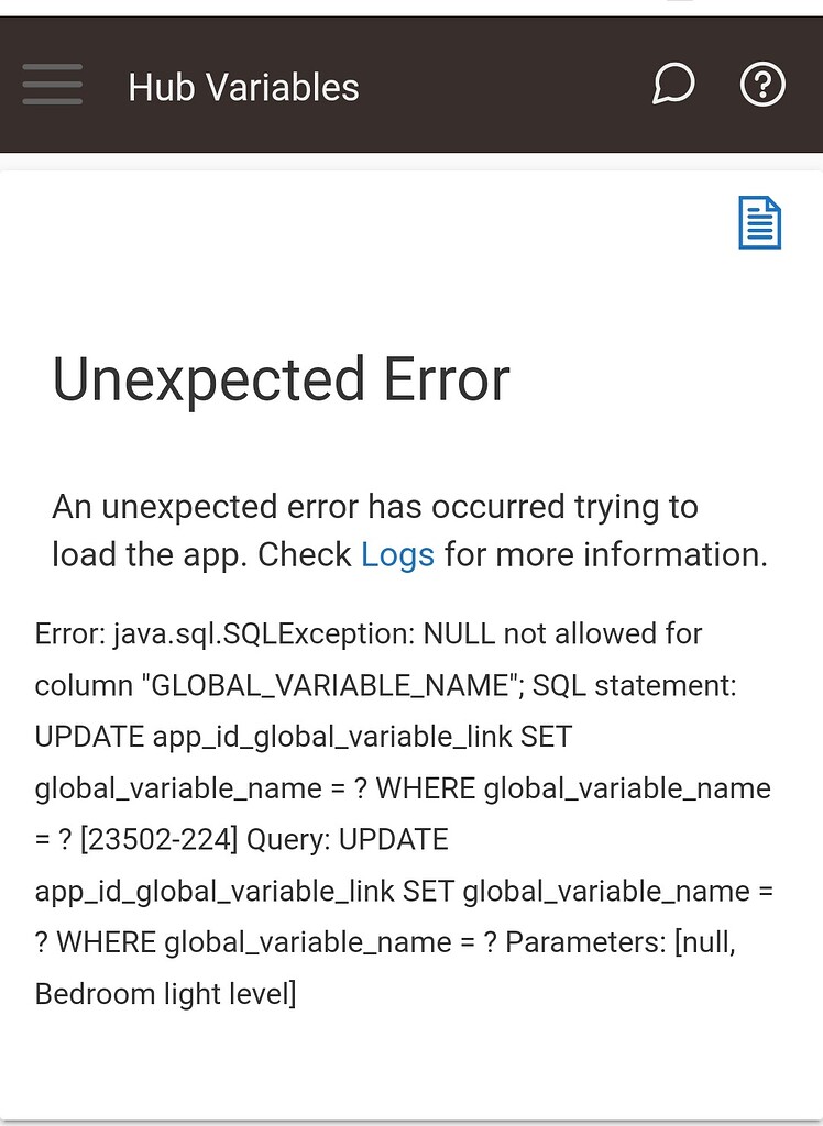 Unexpected error in settings|hub variables - 🛎️ Get Help - Hubitat
