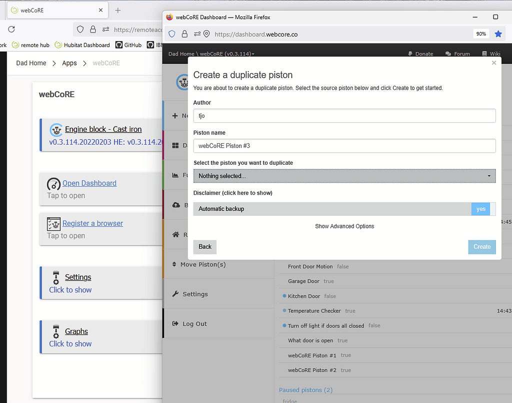 Webcore create duplicate piston showing wrong list of pistons - Devices - Hubitat
