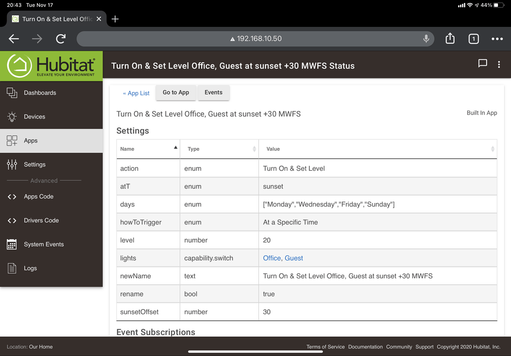 Simple automation 1.1 not recognizing sunset offset - 🛎️ Get Help - Hubitat