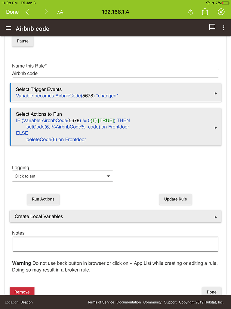 Remote lock code not working - 📐 Rule Machine® - Hubitat
