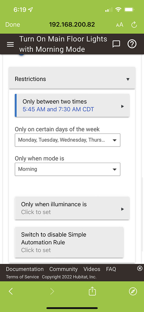 Modes and simple automation rules - mode time not changing - Apps - Hubitat