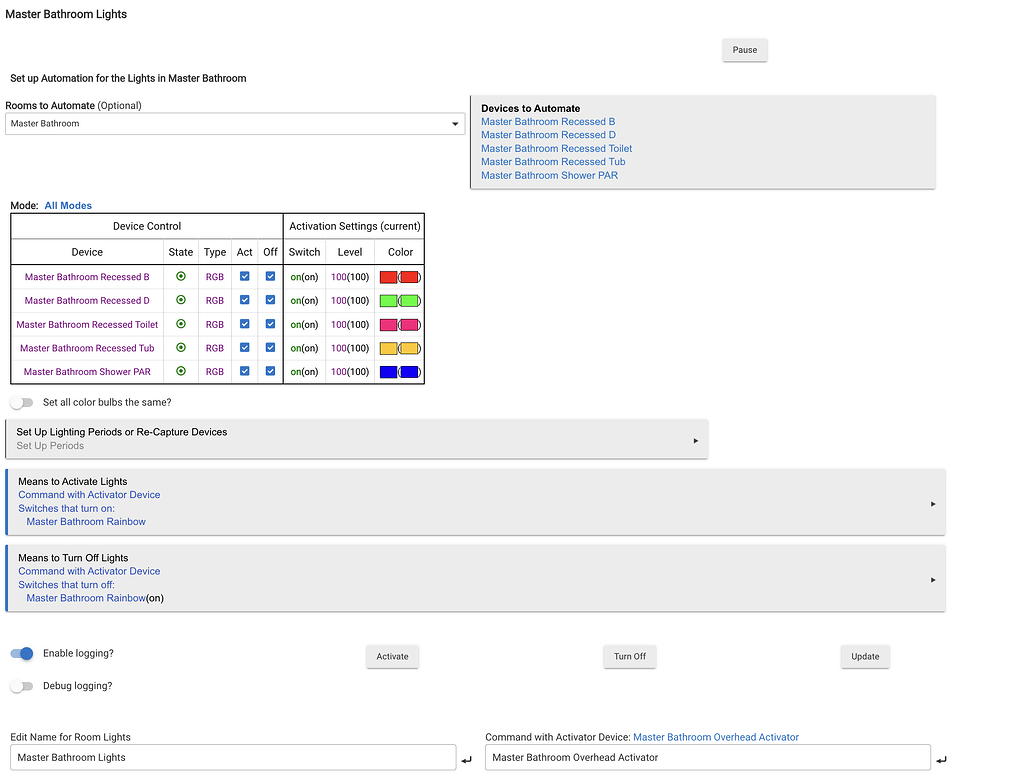 Room lighting with RGB confusion, why does "activate" test button work ...