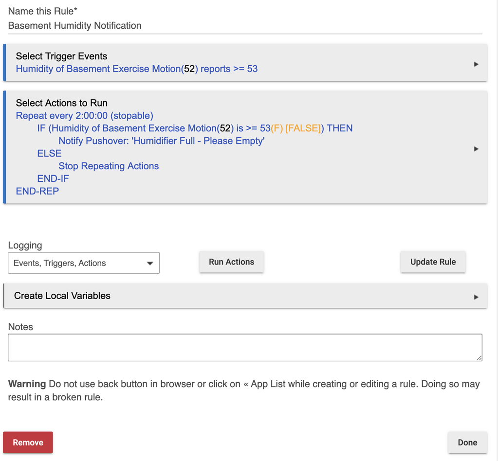 Humidity Rule Keeps Triggering While Repeat Loop Running - 📐 Rule Machine® - Hubitat