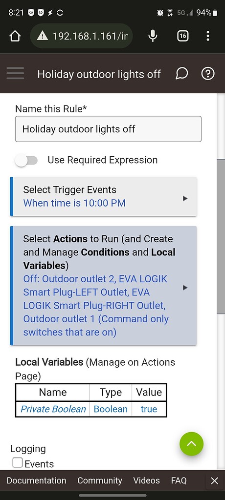 Outdoor outlets not turning off - 📐 Rule Machine® - Hubitat