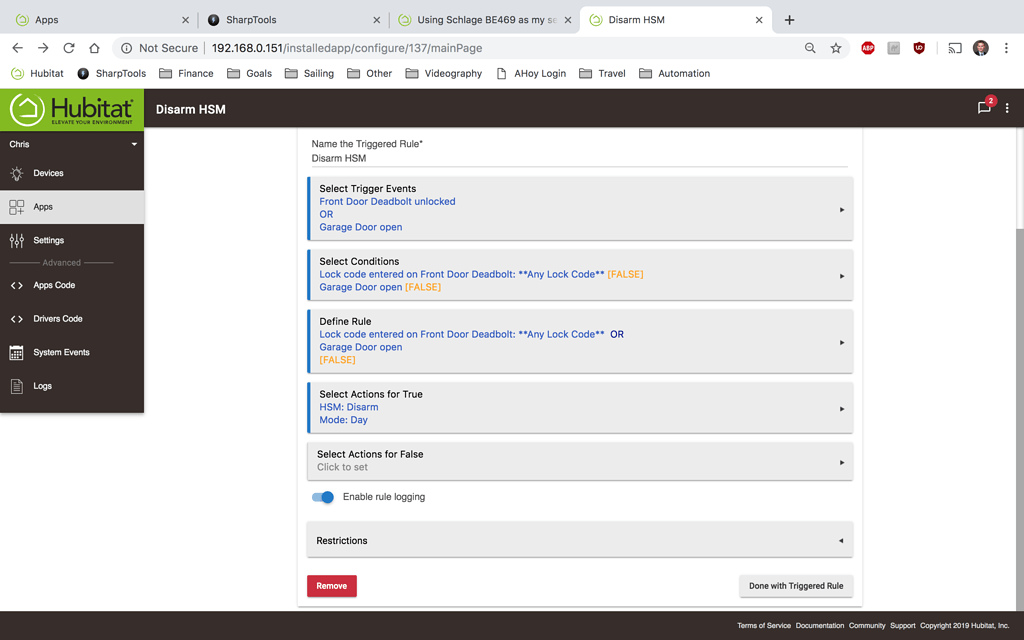 Problem Using Schlage BE469 Lock to Disarm HSM - 📐 Rule Machine® - Hubitat