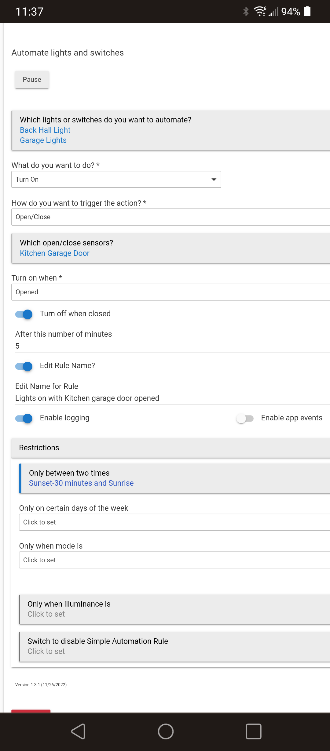 Turn on light when door opens, turn off after 15 mins, between sunset-30 and 1am - 📐 Rule ...